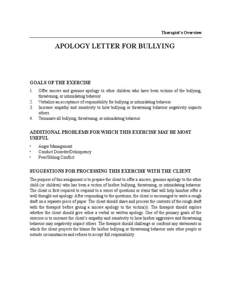 Apology Letter For Bullying | PDF | Bullying | Psychotherapy