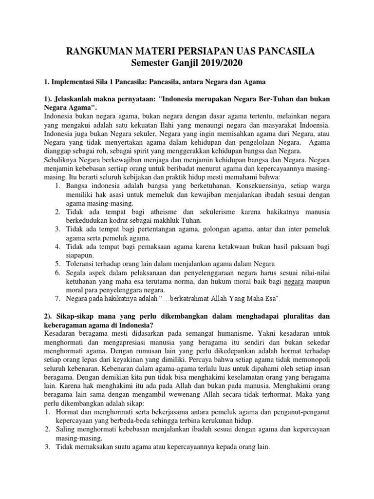 Rangkuman Materi Persiapan Uas Pancasila | PDF