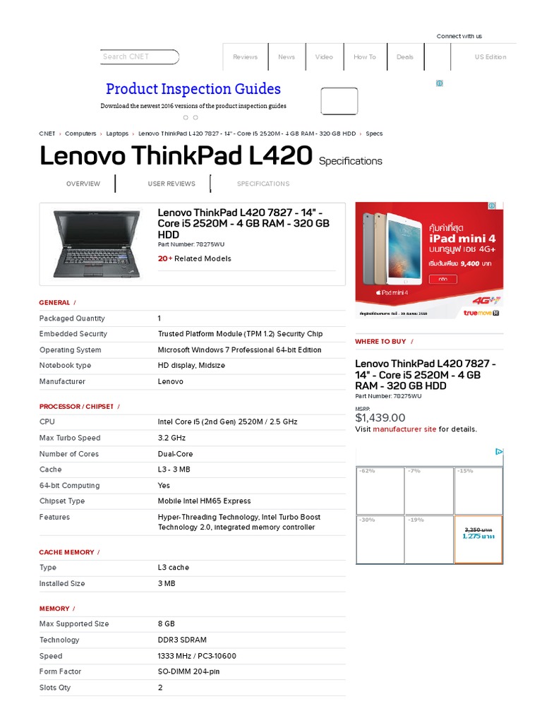 Lenovo ThinkPad L420 Specs | PDF | Multi Core Processor | Laptop