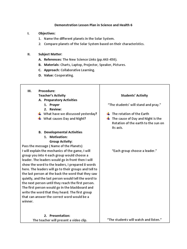 Demonstration Lesson Plan in Science and Health 6 | PDF | Space Probe ...