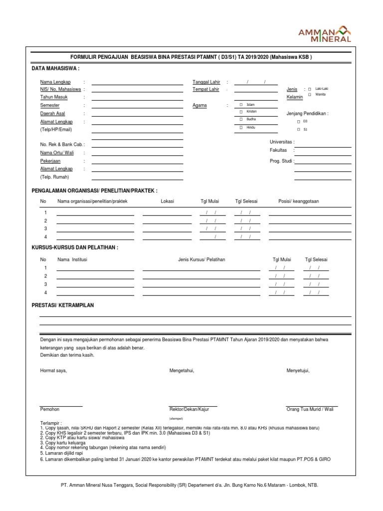 Form Beasiswa Bina Prestasi TA19.20 | PDF