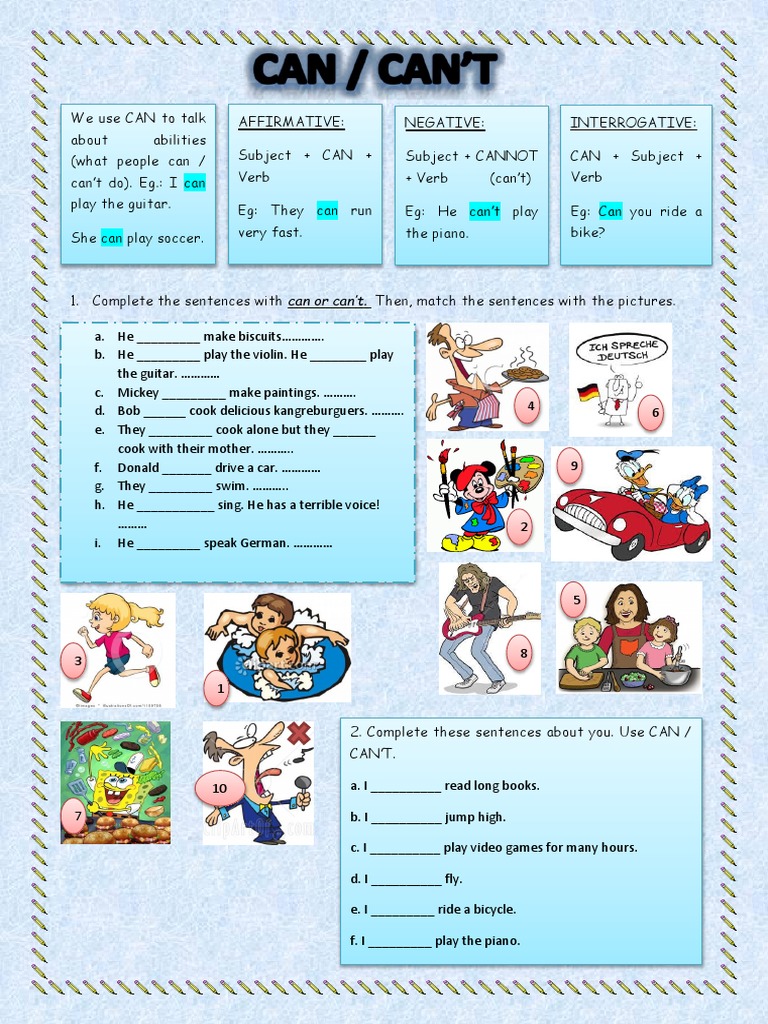 Can and Can't: Abilities Worksheet | PDF | Linguistics | Syntactic ...