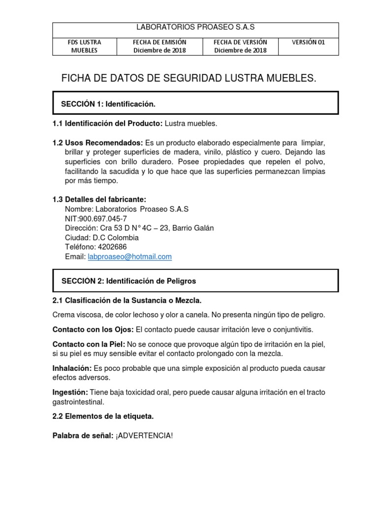 MSDS - Lustra Muebles | PDF | Agua | Residuos