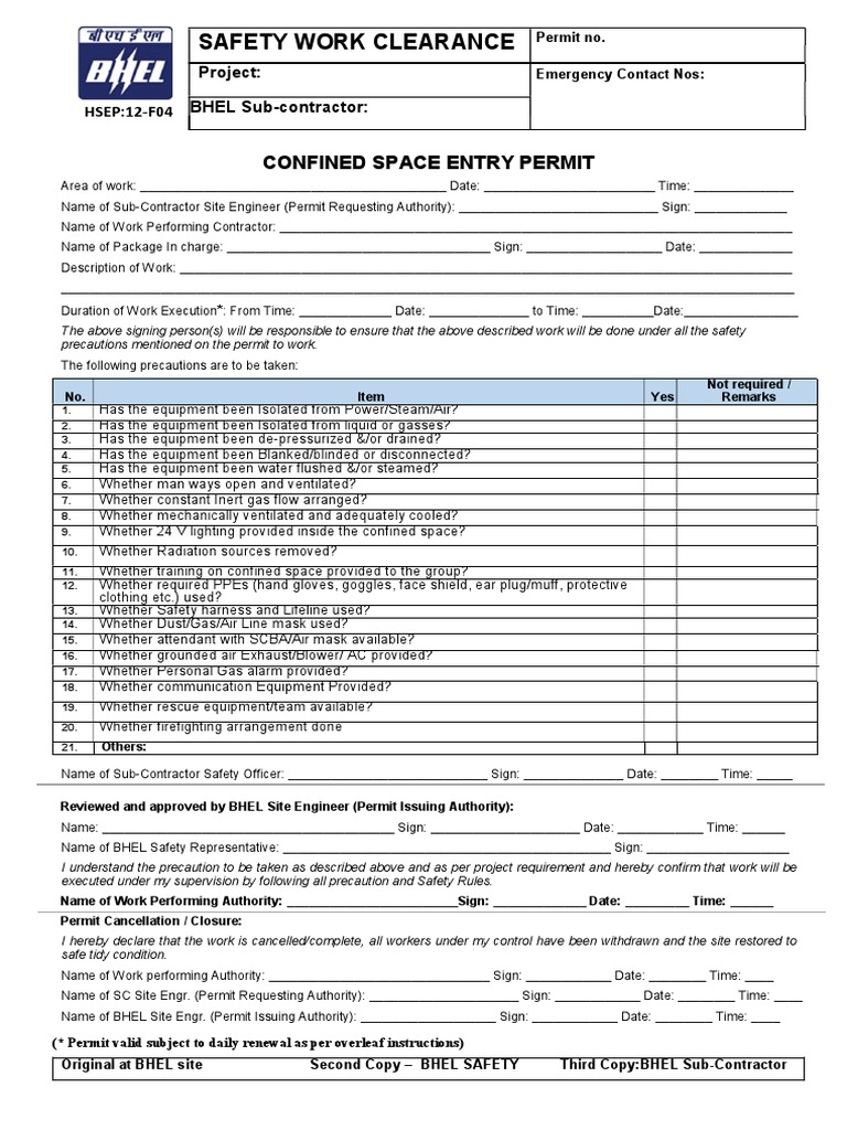 Confined Area Work Permit | PDF | Personal Protective Equipment | Safety