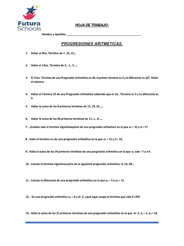 Hoja de trabajo sobre progresiones aritméticas | PDF | Ajedrez | Enseñanza de matemática