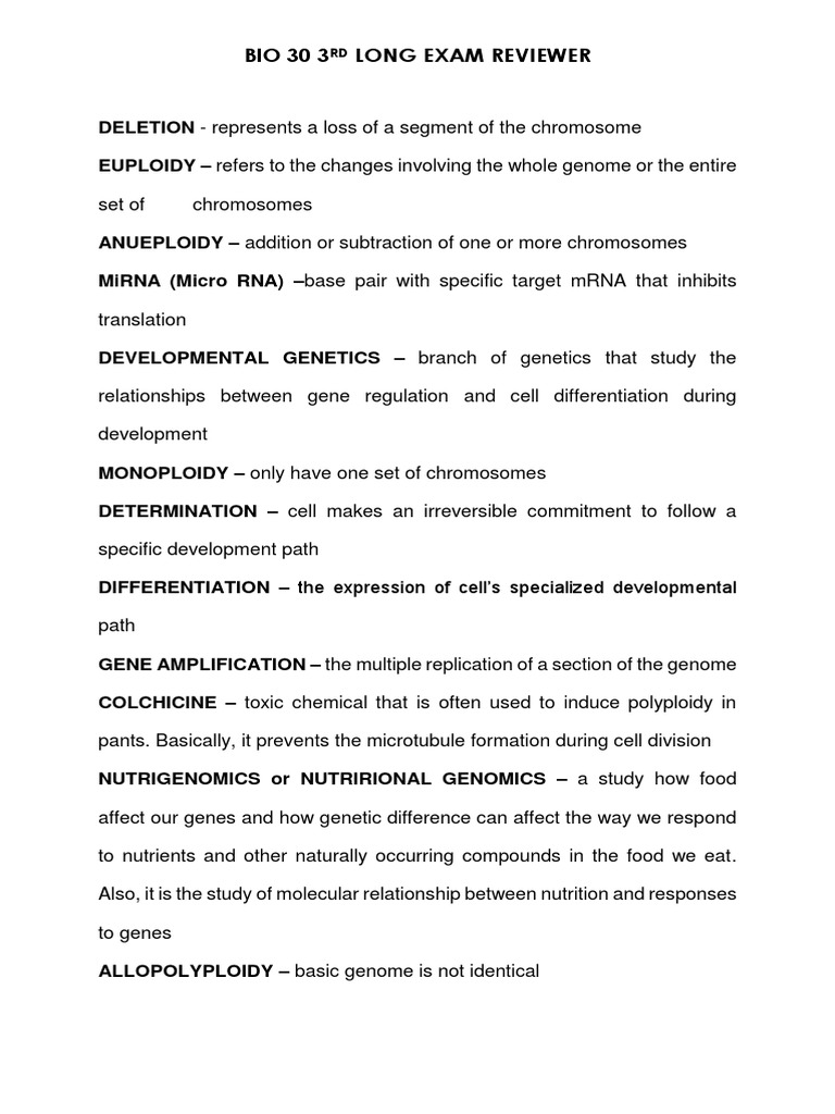 BIO30 3rdLongExam - Reviewer | PDF | Regulation Of Gene Expression | Gene
