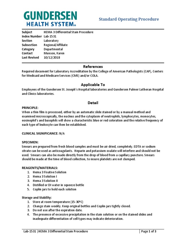 HEMA 3 Differential Stain Procedure | PDF | Medical Specialties | Blood