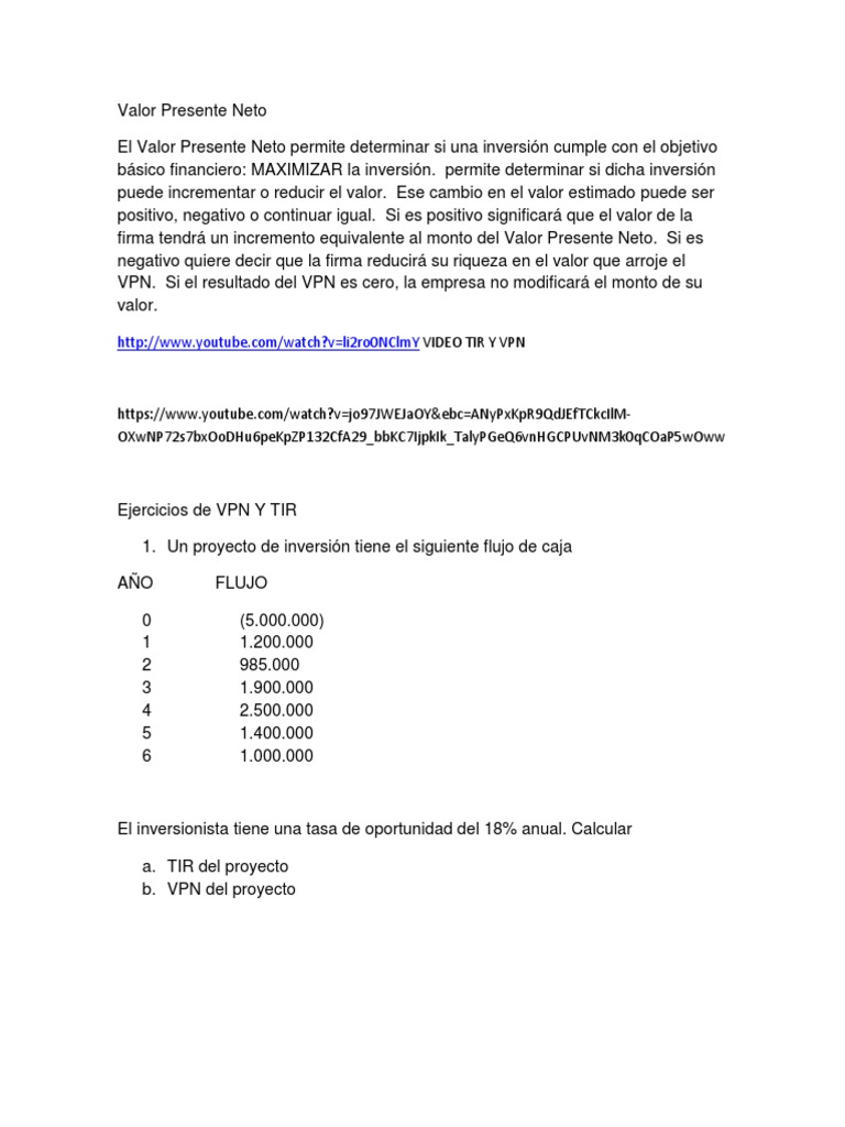 Taller VPN y Tir | PDF | Valor presente neto | Economias