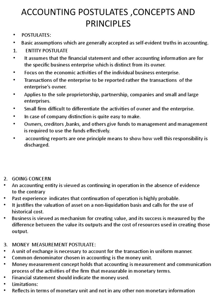 Key Accounting Postulates Explained | PDF | Accounting | Money