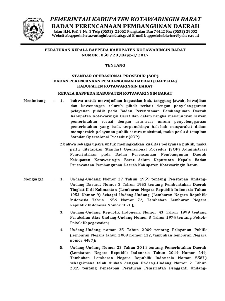 SK Sop Bappeda Kabupaten Kotawaringin Barat PDF | PDF | Pengelolaan Keuangan & Uang