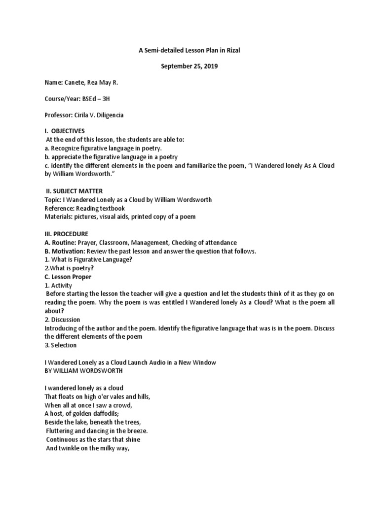 Lesson Plan: "I Wandered Lonely as a Cloud" | PDF