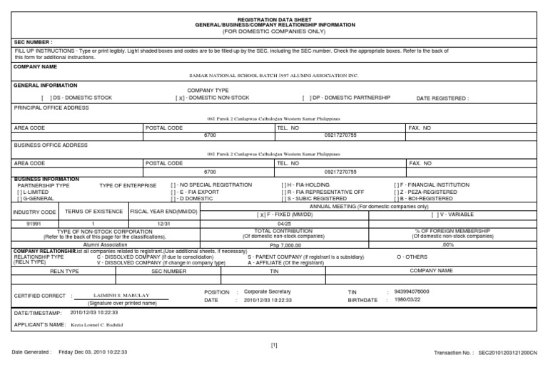 Registration Data Sheet ALTERNATE PDF | PDF | Business