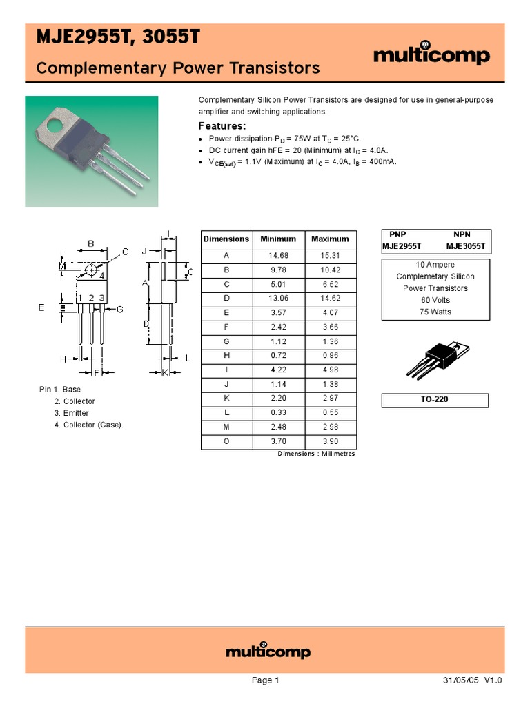 Transistor Mje 2955 | PDF | Bipolar Junction Transistor | Manufactured ...