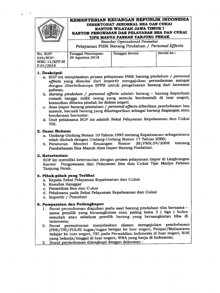 024 Sop WBC 1 L KPP MP 01 2018 Pelayanan Pibk Barang Pindahan Personal Effects | PDF