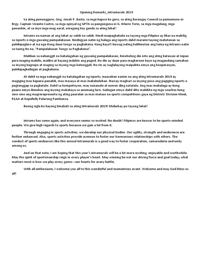 Opening Remarks - Intrams 2019 | PDF