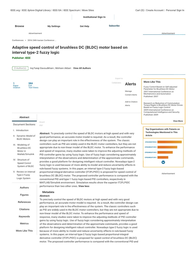 Adaptive Speed Control Of Brushless Dc Bldc Motor Based On Interval Type 2 Fuzzy Logic Ieee