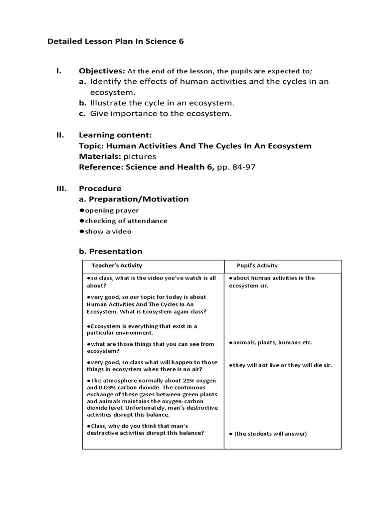Ecosystem Lesson Plan for Grade 6 | PDF | Ecosystem | Natural Disasters