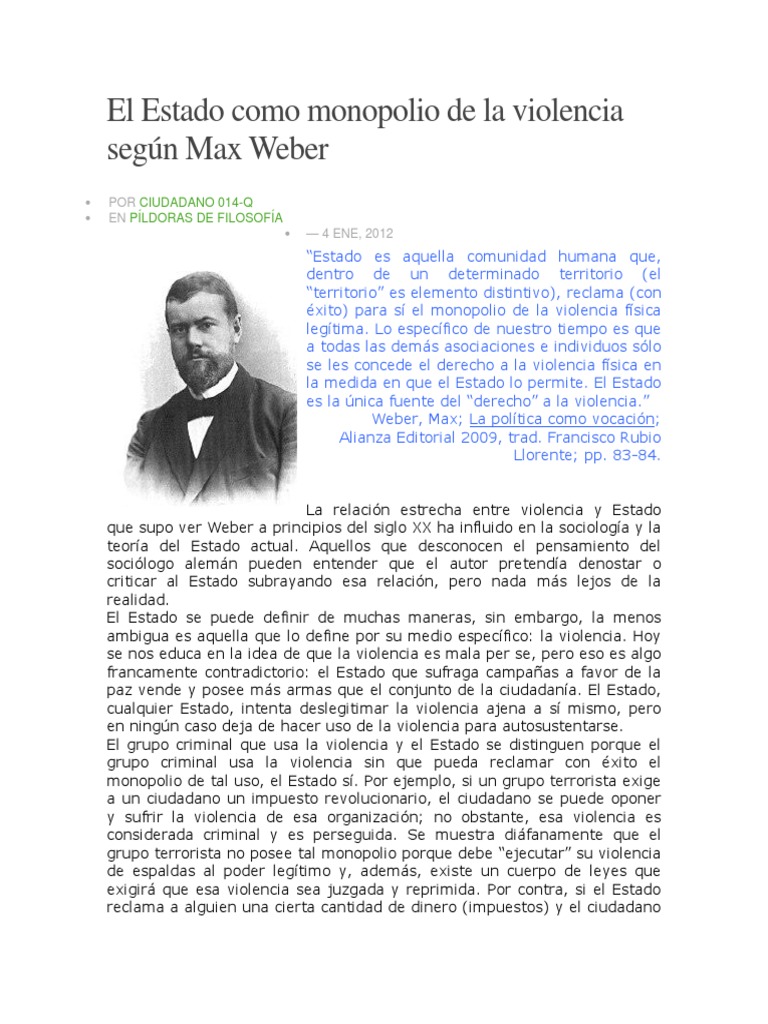 El Estado Como Monopolio de La Violencia Según Max Weber | PDF ...