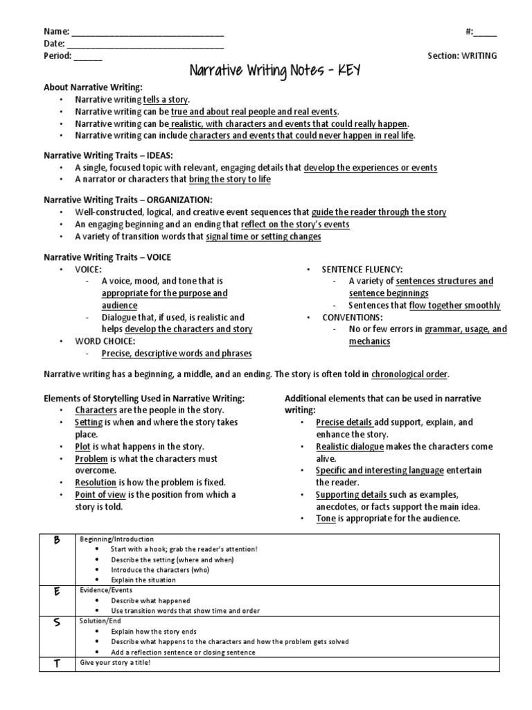 Narrative Writing Notes - KEY | PDF | Narrative | Narration
