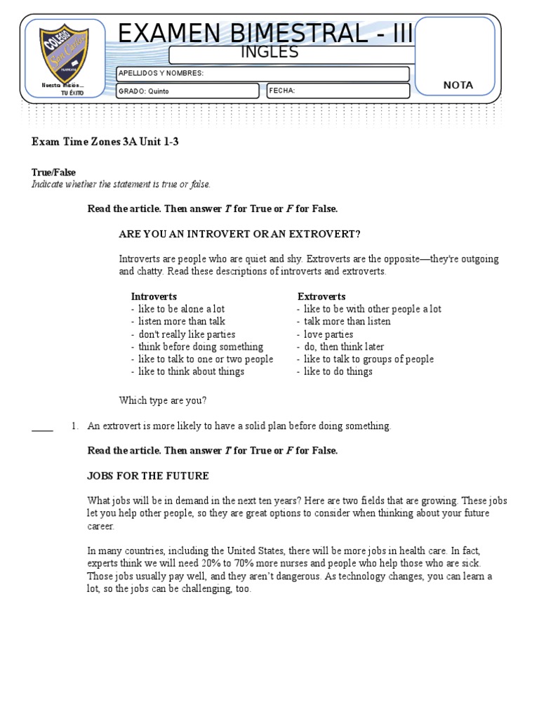 Exam Time Zones 1A Unit 1-3 Quinto | PDF | Programmer | Extraversion ...