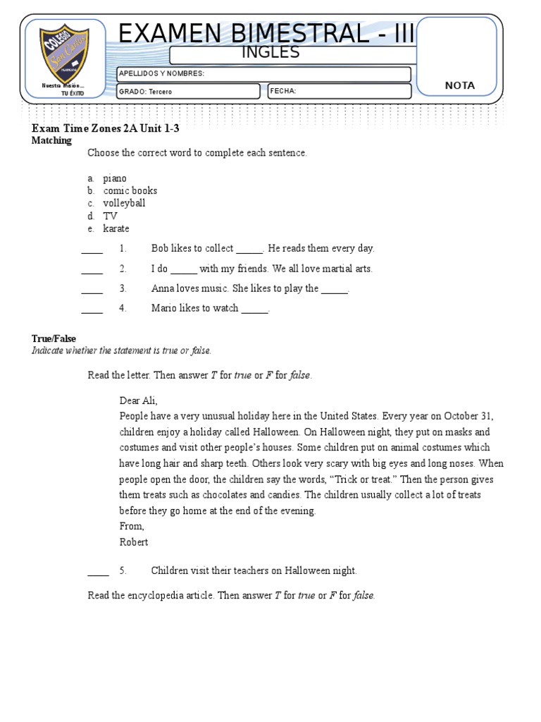 Exam Time Zones 1A Unit 1-3 Tercero | PDF | Karate | Question