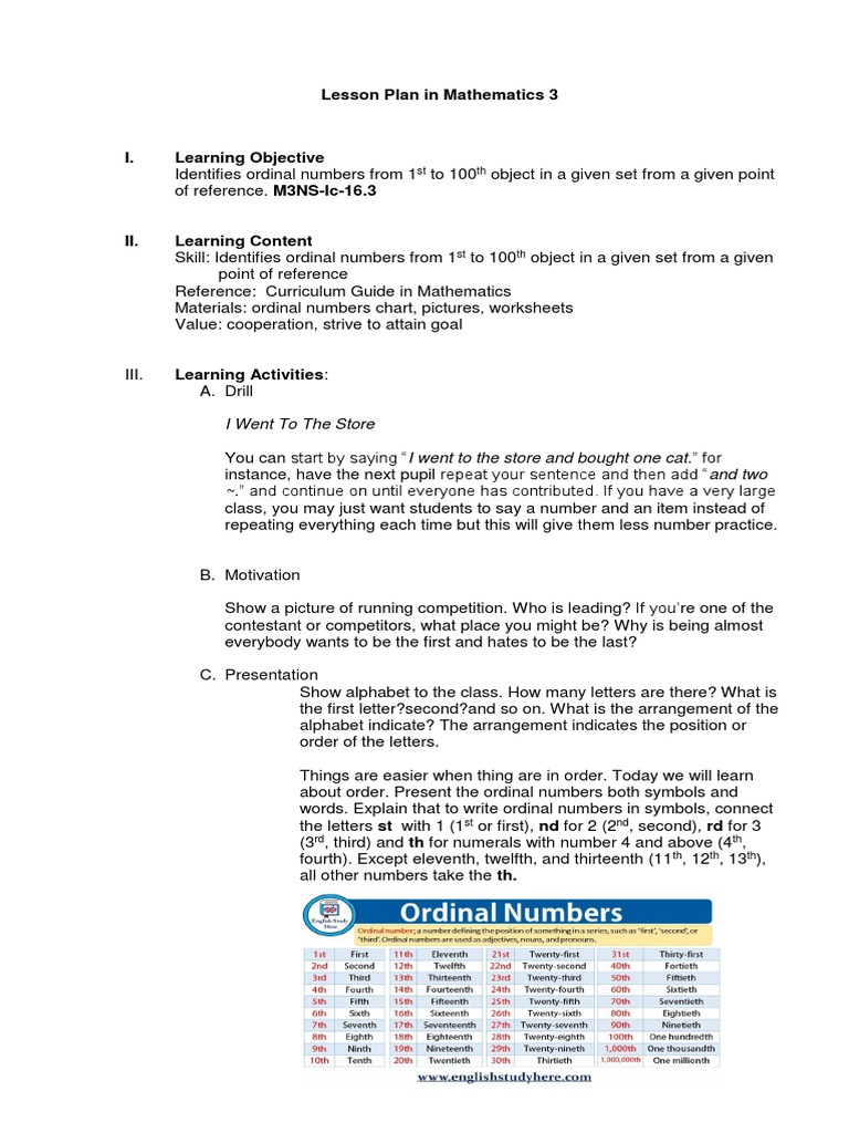 Ordinal Numbers LP | PDF | Lesson Plan | Pedagogy