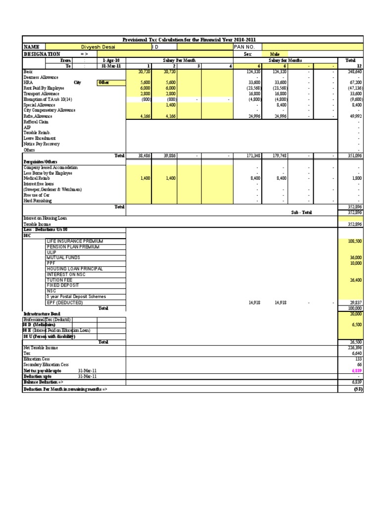 Provisional Tax Calculation For The Financial Year 2010-2011 Name ...