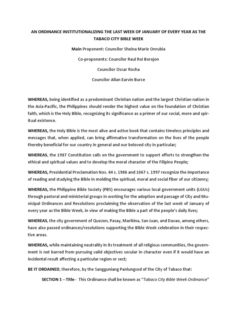 Tabaco City Bible Week Ordinance EDITED | PDF | Non Governmental ...