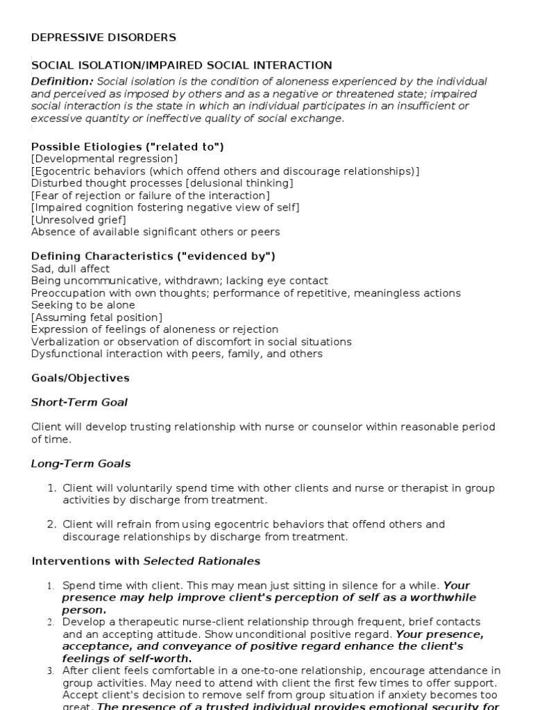 Depressive Disorders Social Isolation/Impaired Social Interaction | PDF ...