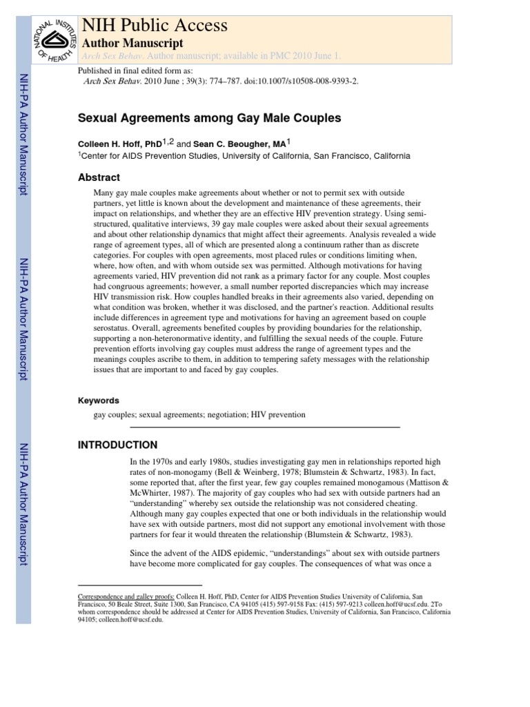 Sexual Agreements Among Gay Male Couples Pdf Human Sexual Activity