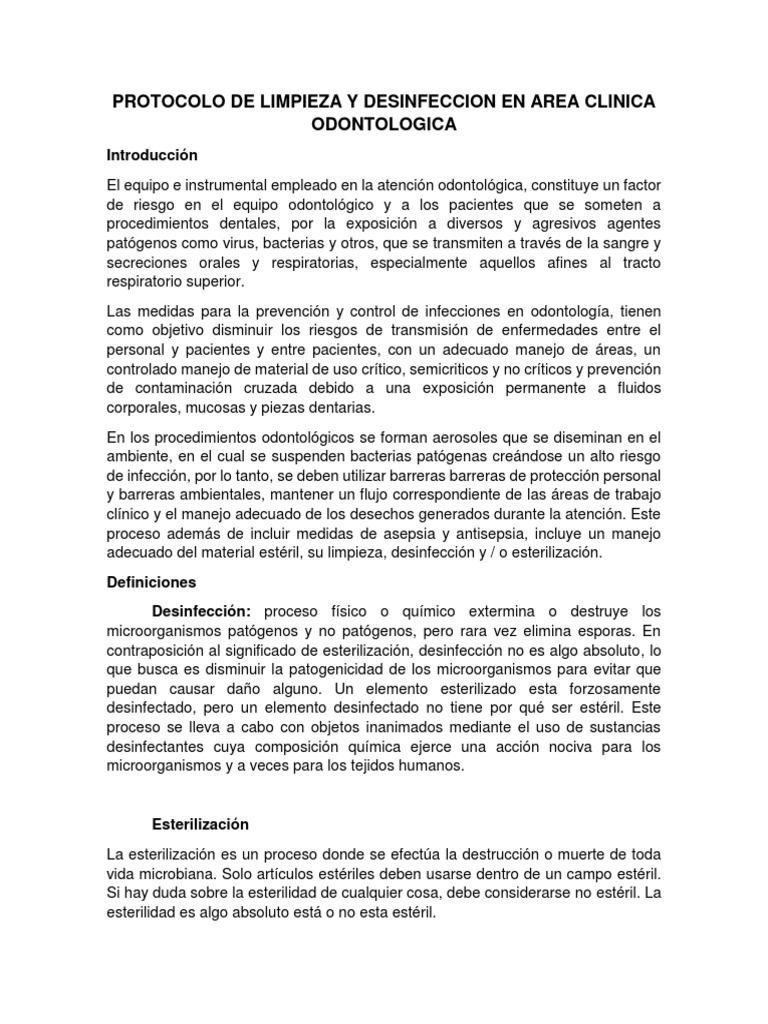 Protocolo de Limpieza y Desinfeccion en Area Clinica Odontologica | PDF | Esterilización ...