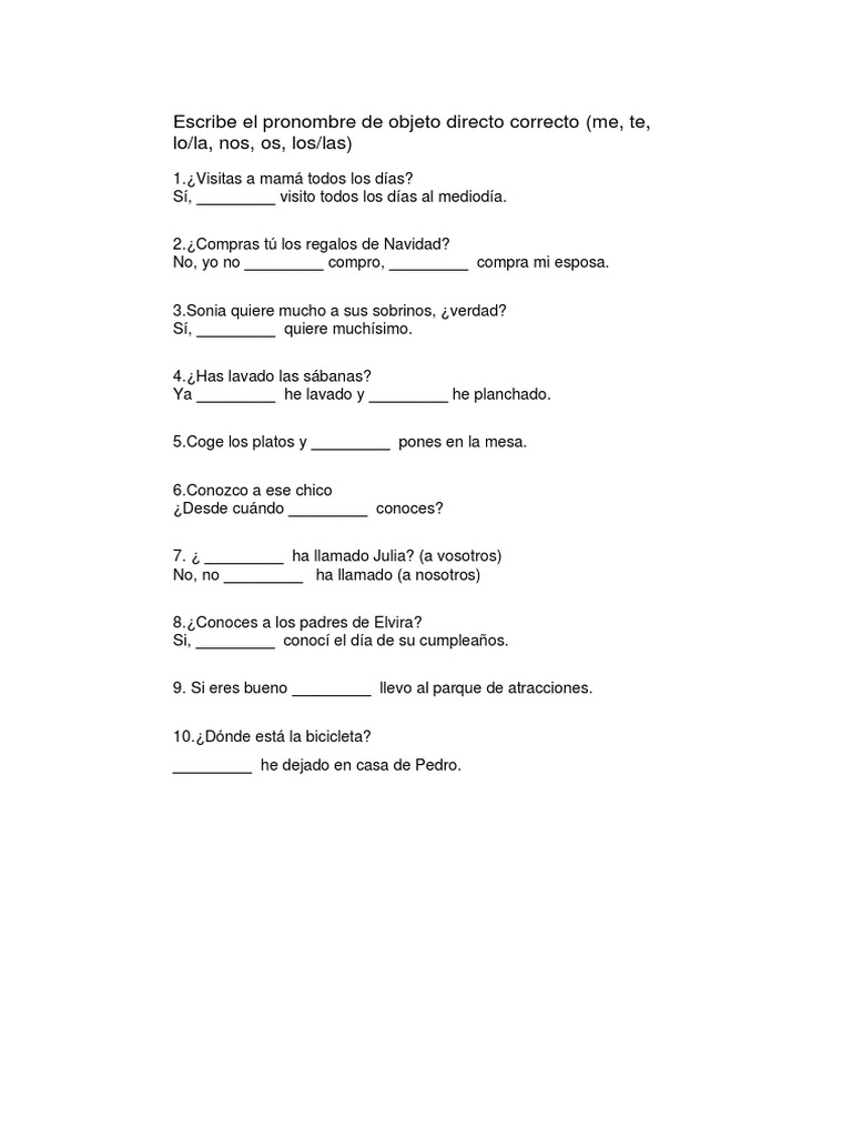 Ejercicios de objetos directos e indirectos | PDF