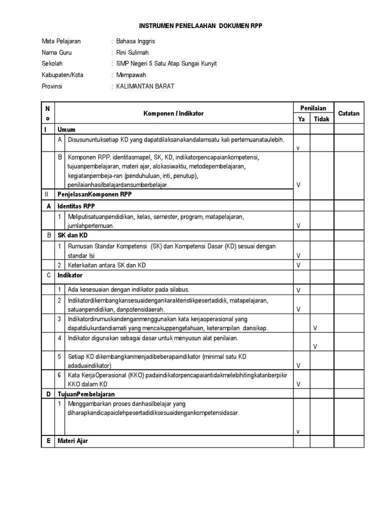 Instrumen Telaah RPP Bhs Ing | PDF