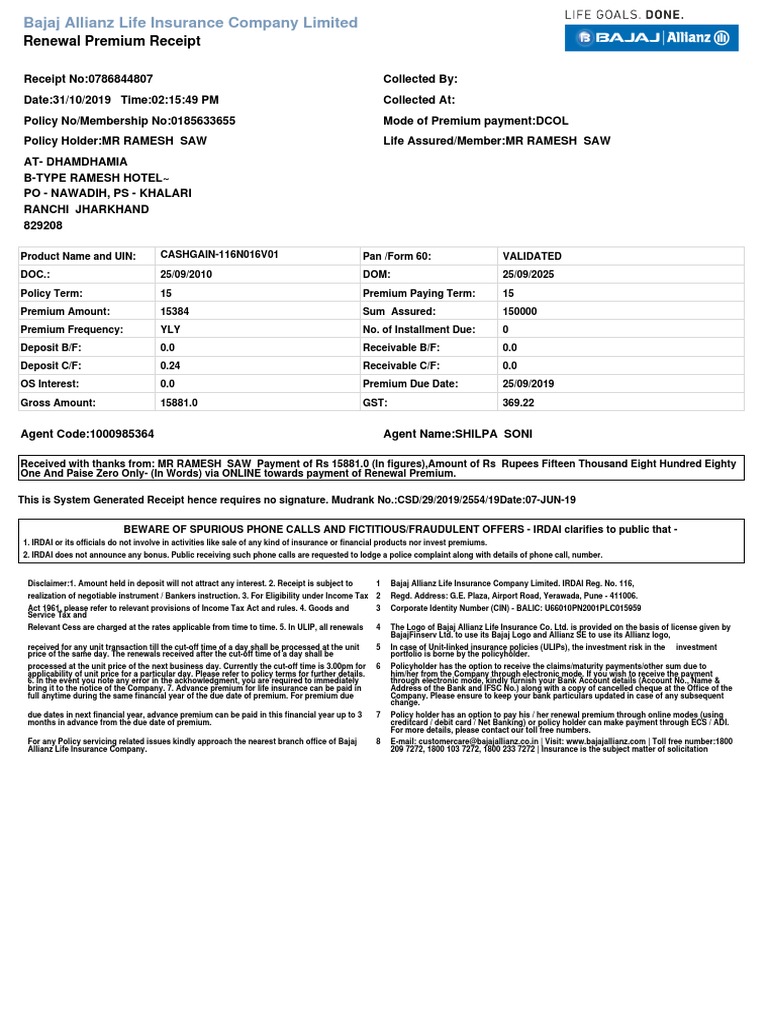 Renewal Receipt | PDF | Life Insurance | Insurance