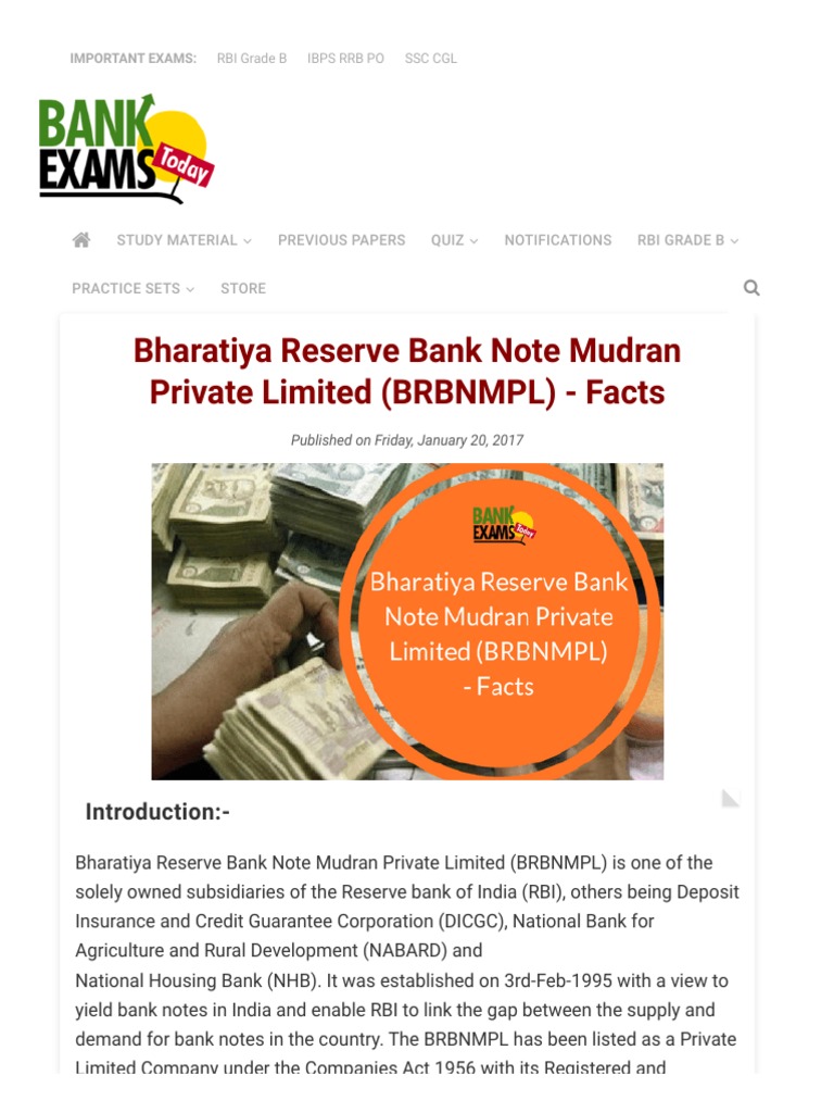 Bharatiya Reserve Bank Note Mudran Private Limited (BRBNMPL) - Facts - Bank Exams Today | PDF ...
