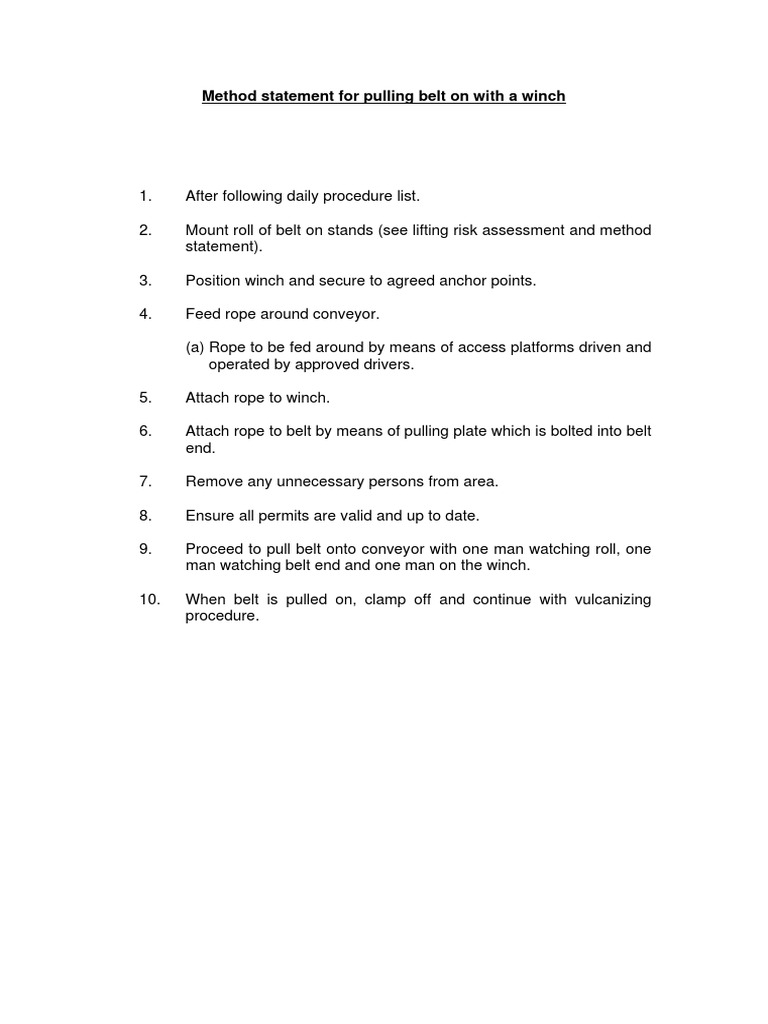Method Statement For Pulling Belt On With A Winch PDF | PDF