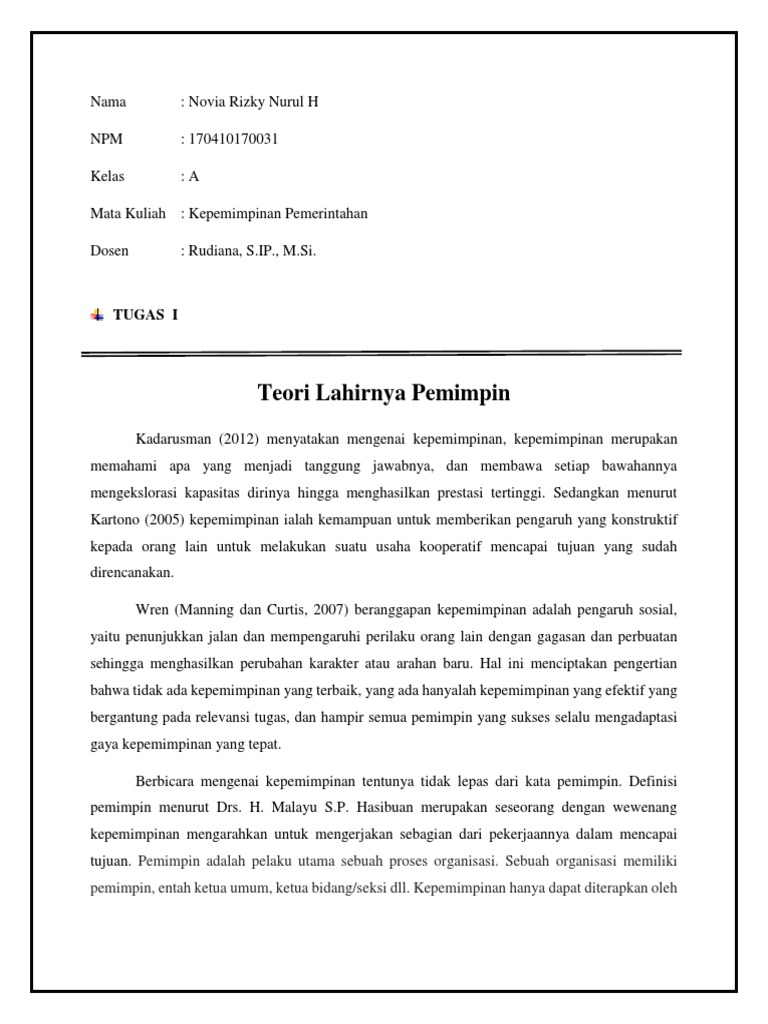 Tugas 1 - Teori Lahirnya Pemimpin | PDF
