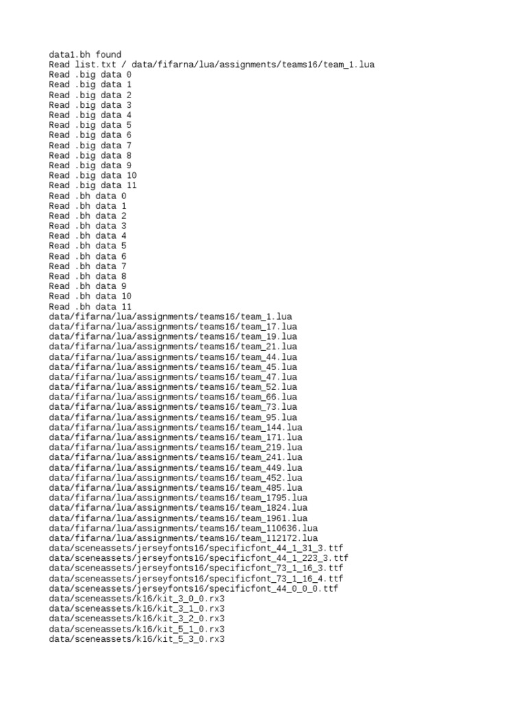 Log File Documenting the Reading of Various Data Files Including Team Configuration Files, Kit ...