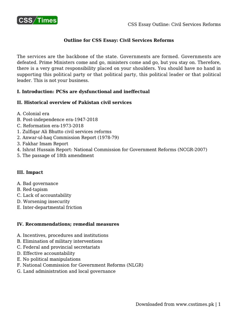 CSS Essay Outline - Civil Services Reforms | PDF | Government Of ...