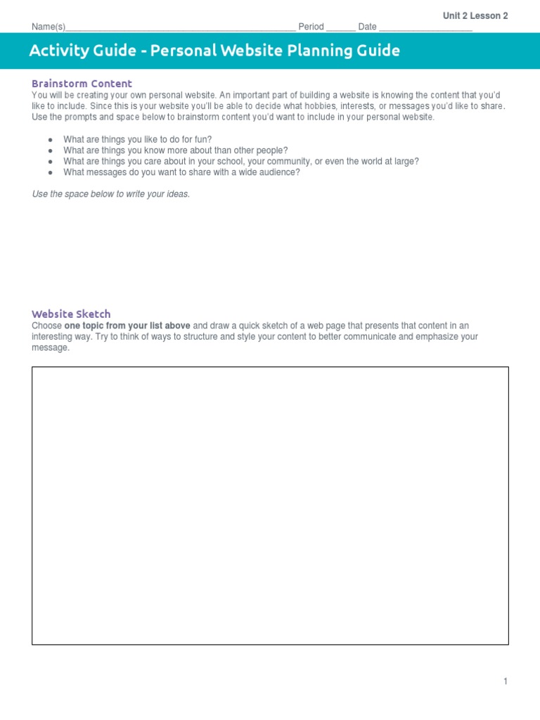 U2L02 Activity Guide - Personal Website Planning Guide | PDF