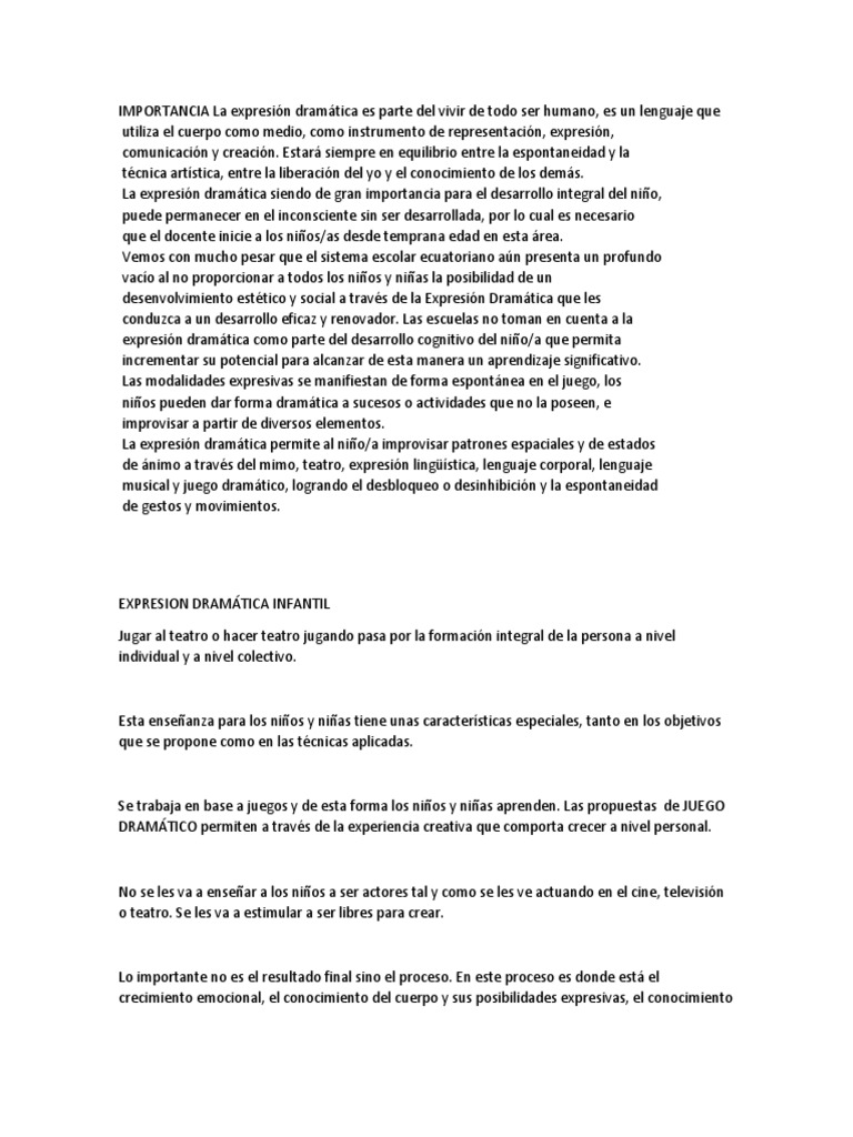 IMPORTANCIA La Expresión Dramática Es Parte Del Vivir de Todo Ser ...