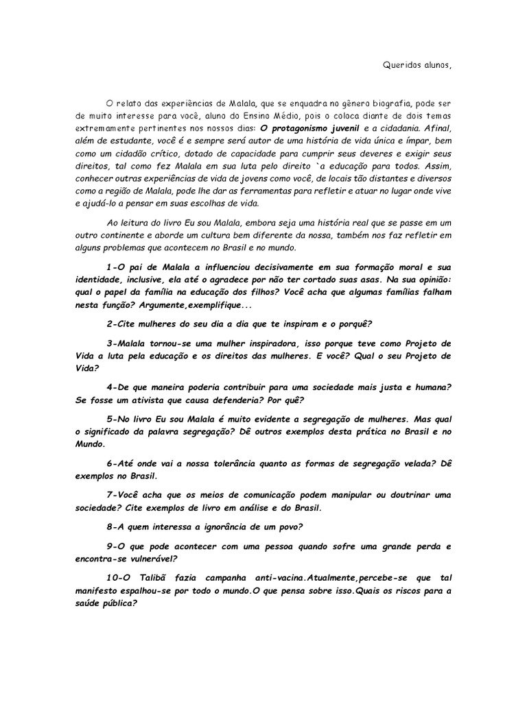 Questões Sobre o Livro Eu Sou Malala | PDF | Humano | Brasil Questões Sobre o Livro Eu Sou Malala | PDF | Humano | Brasil