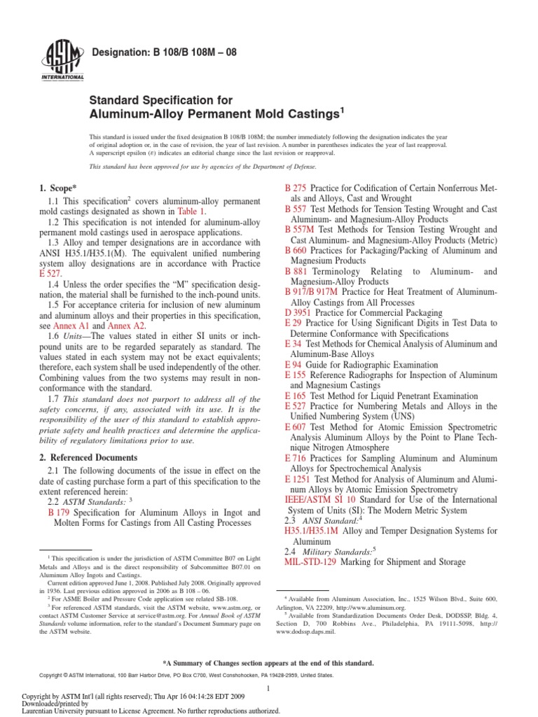 Astm b108-Aluminium-Alloy Permanent Mold Castings | Casting (Metalworking) | Specification ...