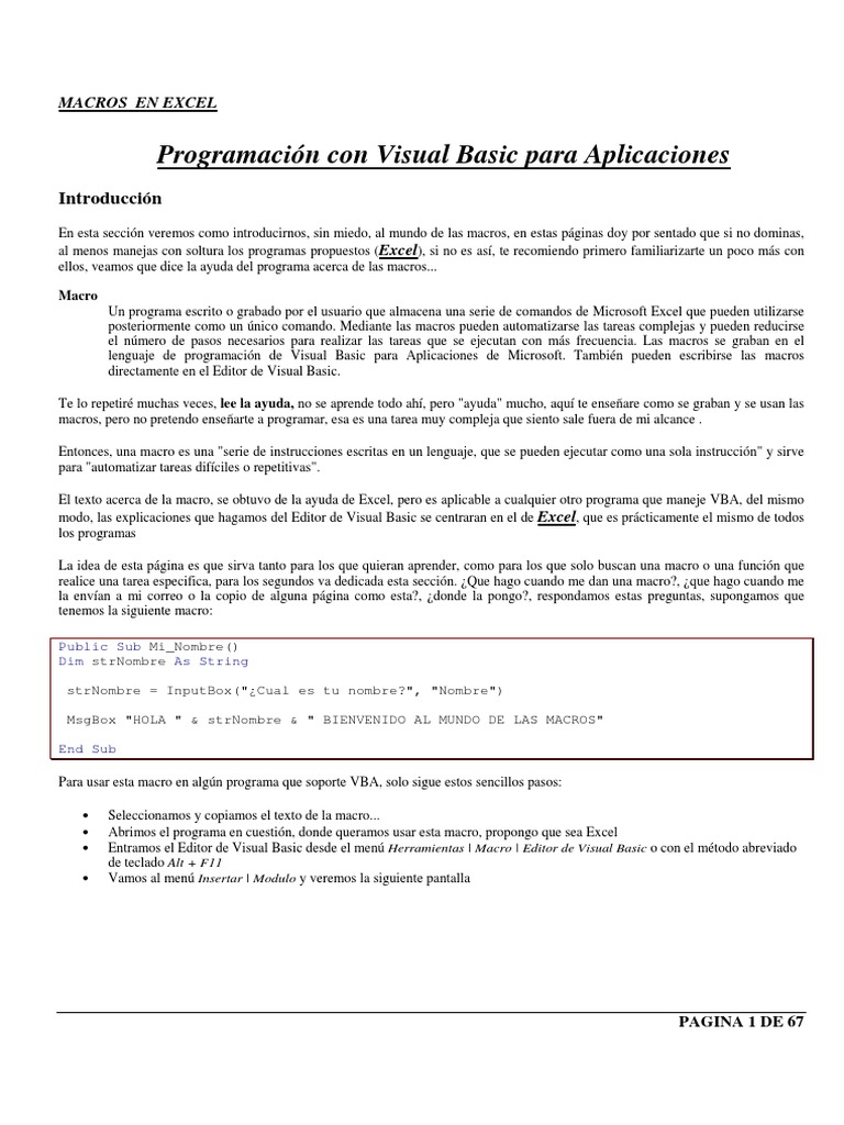 Programación Vba En Excel Pdf Macro Informática Visual Basic