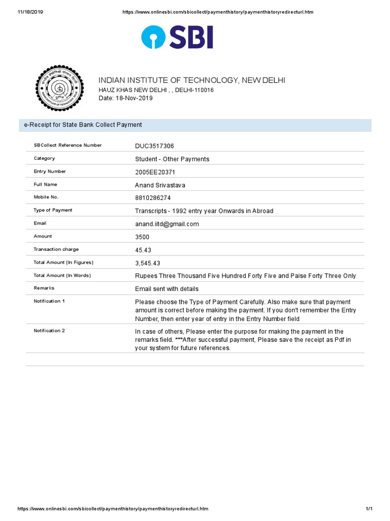 Receipt IIT Delhi Transcript Request PDF | PDF