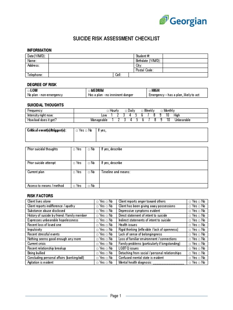 Suicide Risk Assessment Checklist Georgian College | PDF | Suicide ...