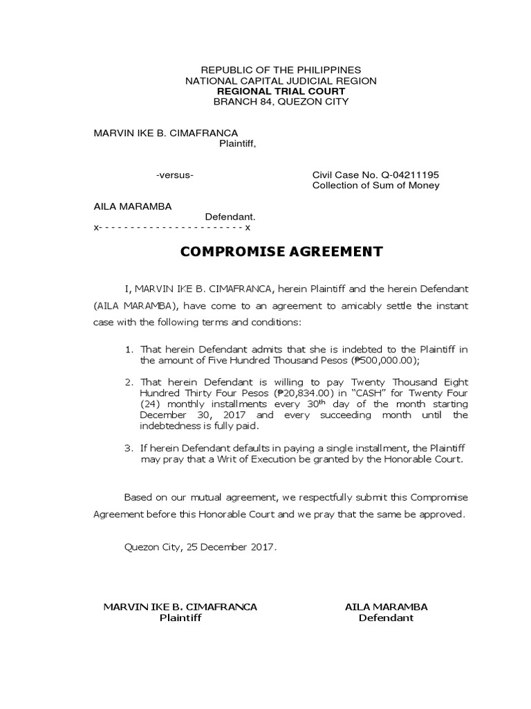 Compromise Agreement For Collection | PDF | Affidavit | Legal Procedure