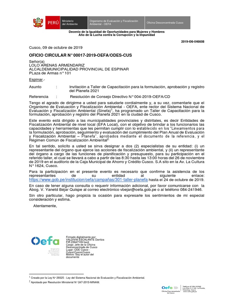 Oficio Circular 00017-2019-Oefa Odes Cusco Espinar | PDF | Gobierno