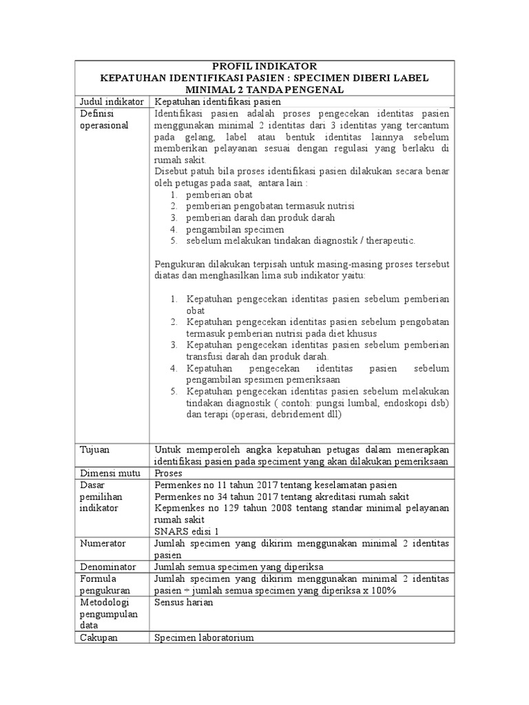 Kamus Indikator 1 Kepatuhan Identifikasi Pasien | PDF | Sains & Matematika