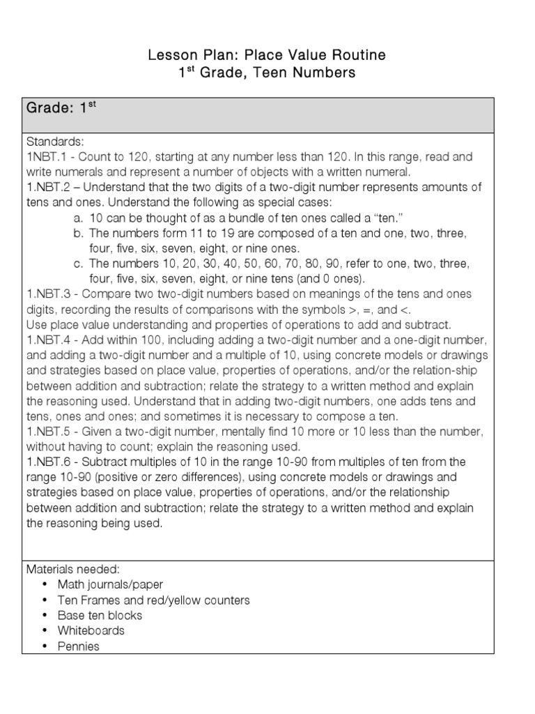 Place Value Lesson Plan for 1st Grade | PDF | Pedagogy | Behavior ...